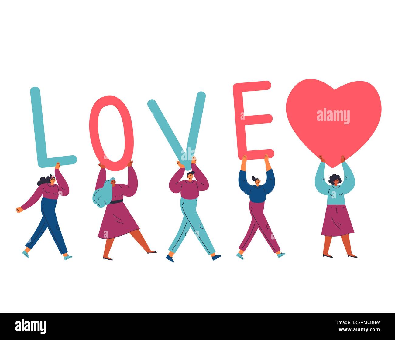 Diverse tiny people carry letters LOVE and heart Stock Vector Image ...