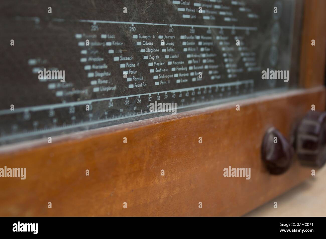 Historical radio tube. Scale of old antique radio with switches Stock ...