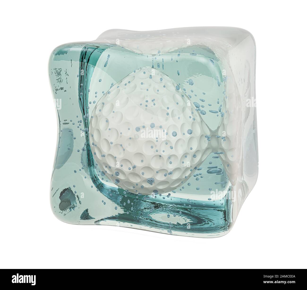 Golf ball frozen in ice cube, 3D rendering isolated on white background ...