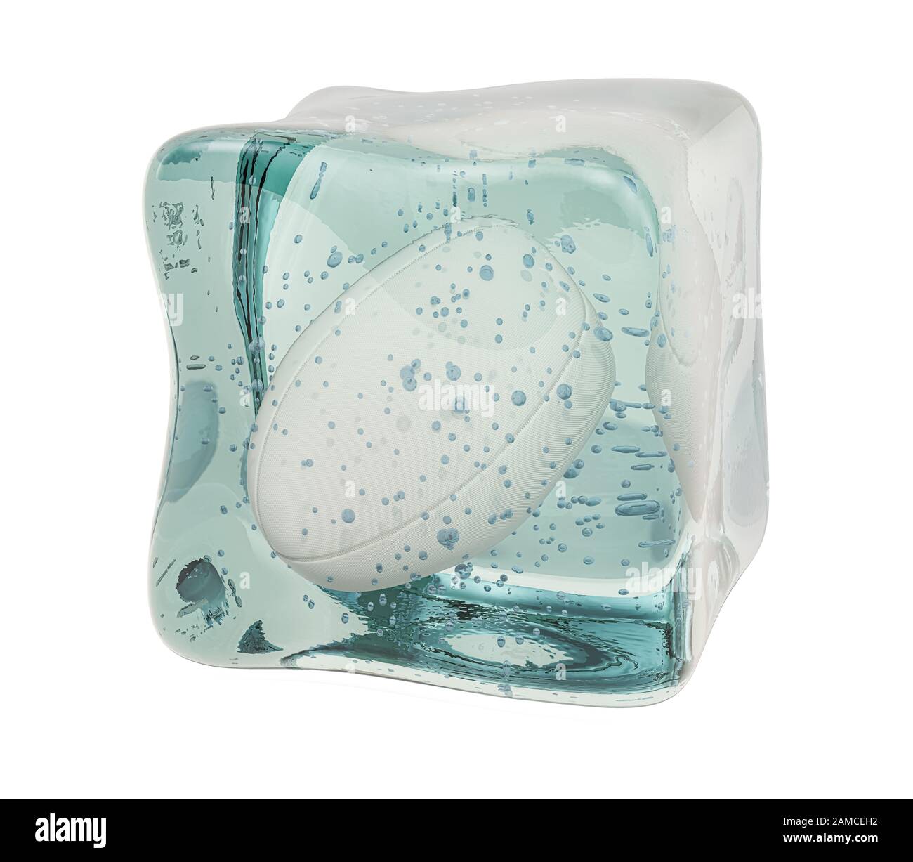 Rugby ball frozen in ice cube, 3D rendering isolated on white ...