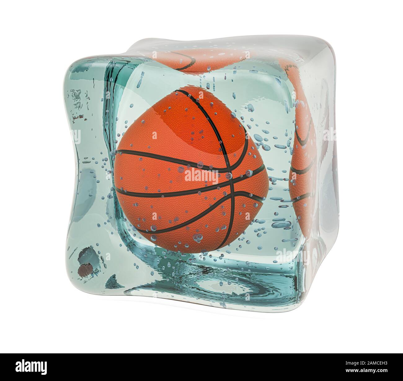 Basketball ball frozen in ice cube, 3D rendering isolated on white ...