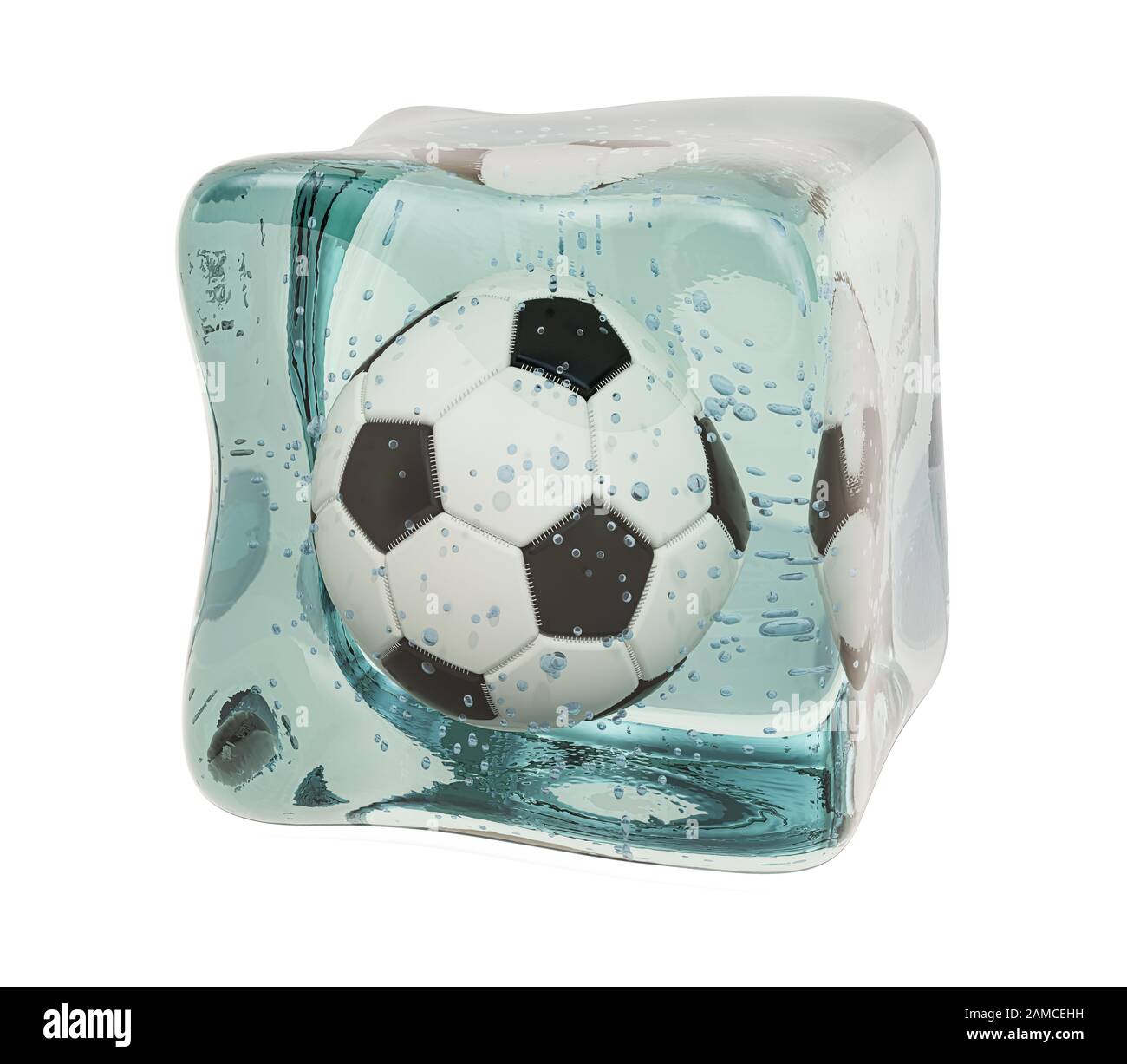 Soccer ball frozen in ice cube, 3D rendering isolated on white ...