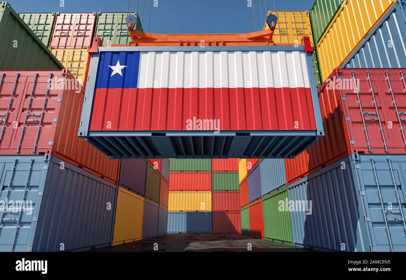 Container Terminal - Freight container with Chile flag. 3D Rendering ...