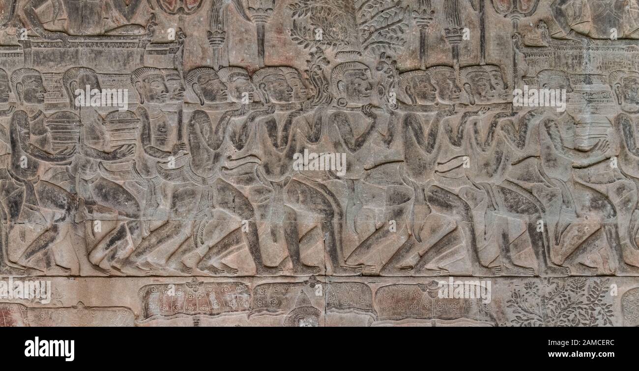 Detailed shots of the reliefs in the Angkor Wat temple, Cambodia Stock ...