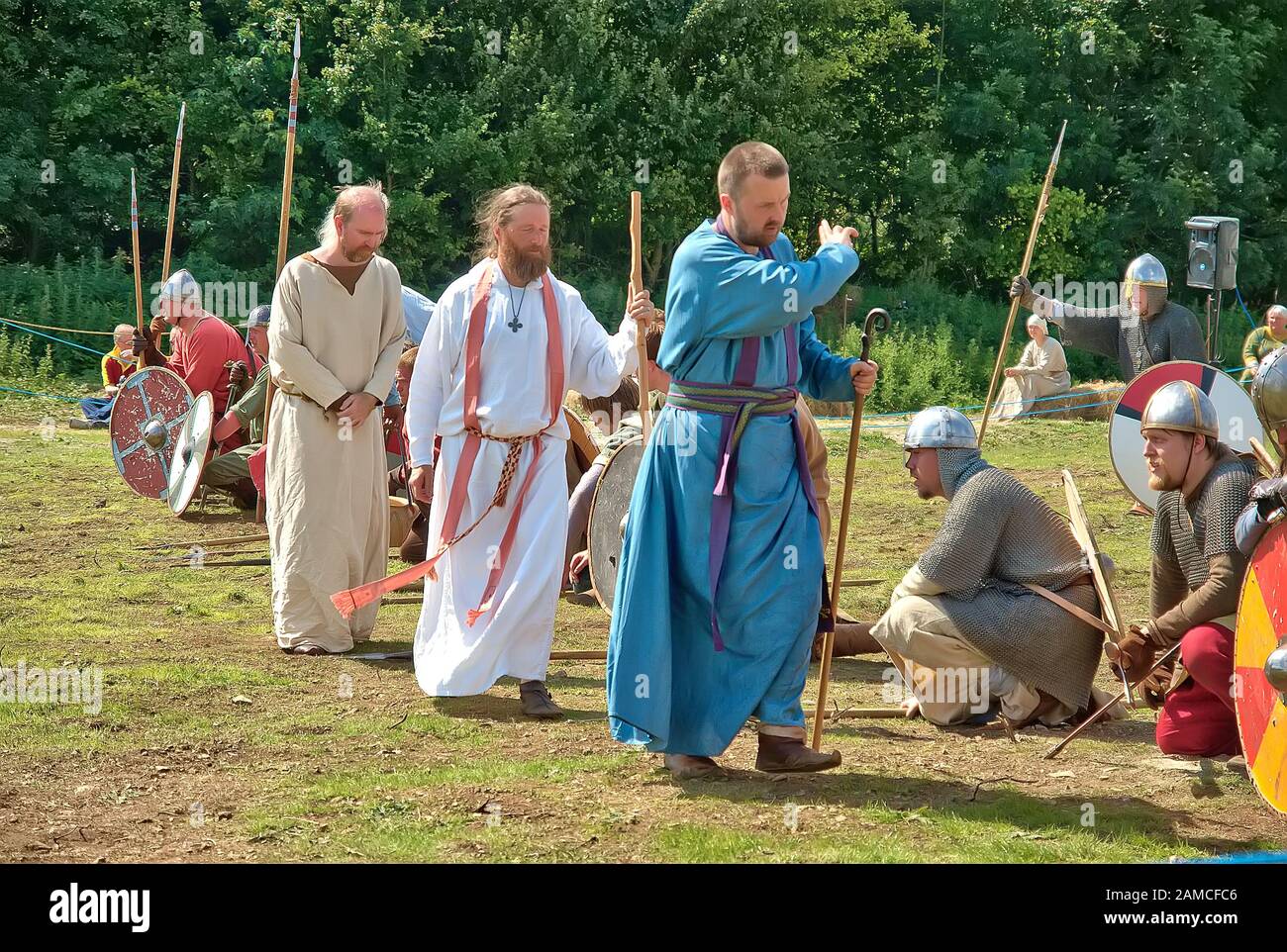 Priests bless soldiers at an Anglo Saxon battle re-enactment scene ...