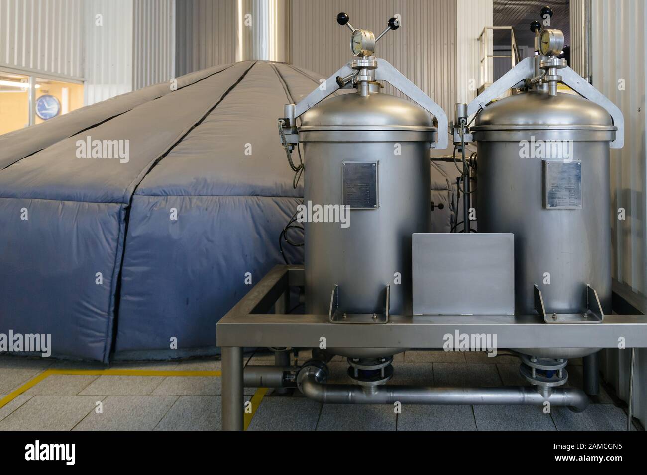 Vats for mash fermentation and cylinders with gas in and hop dispenser ...