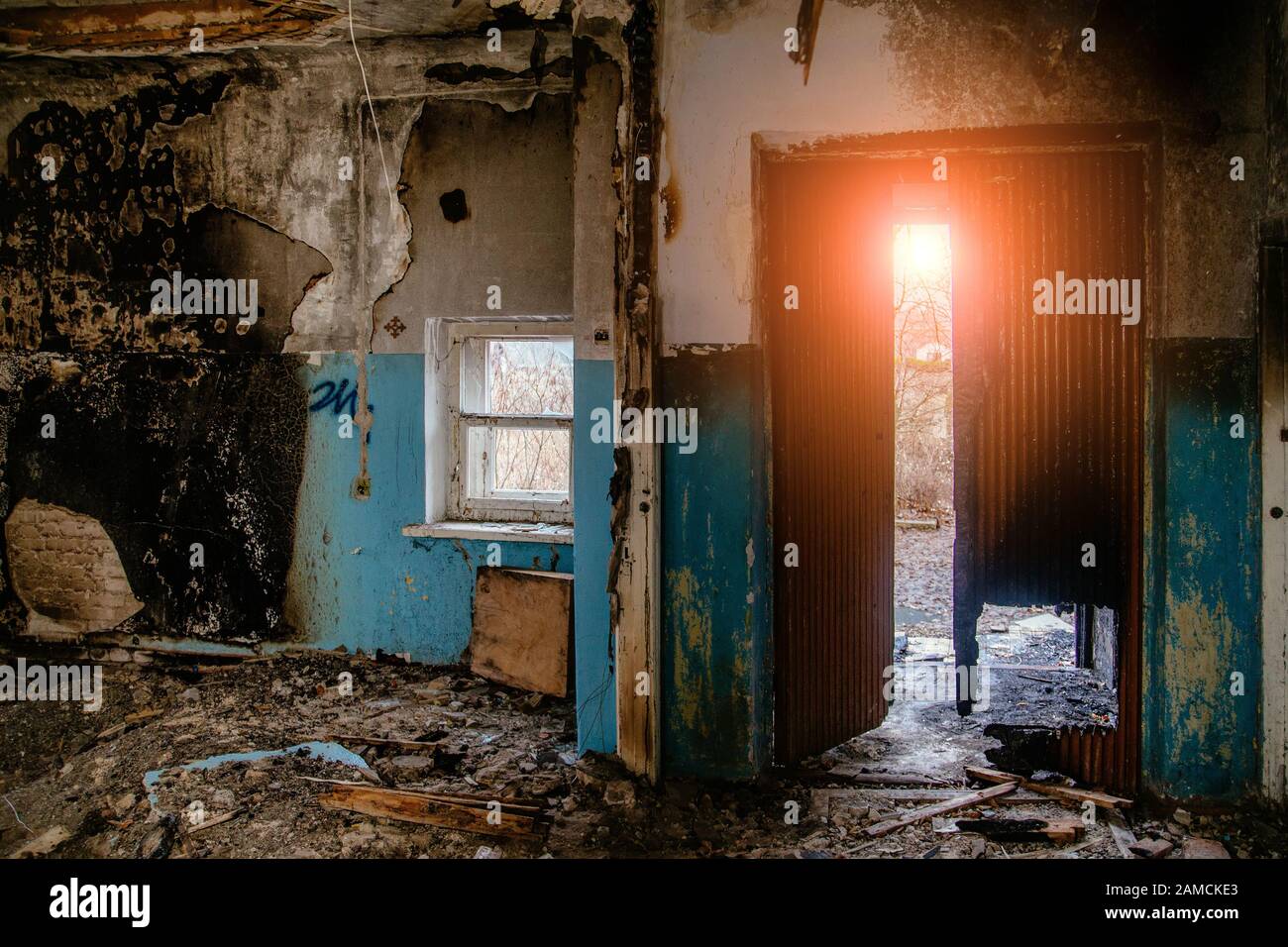 Burnt building interior. Charred walls in black soot Stock Photo - Alamy
