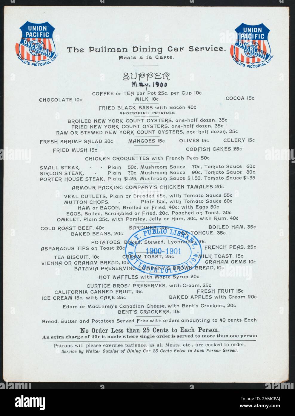 SUPPER (held by) UNION PACIFIC DINING CAR SERVICE (at) (RR;) A LA CARTE ...