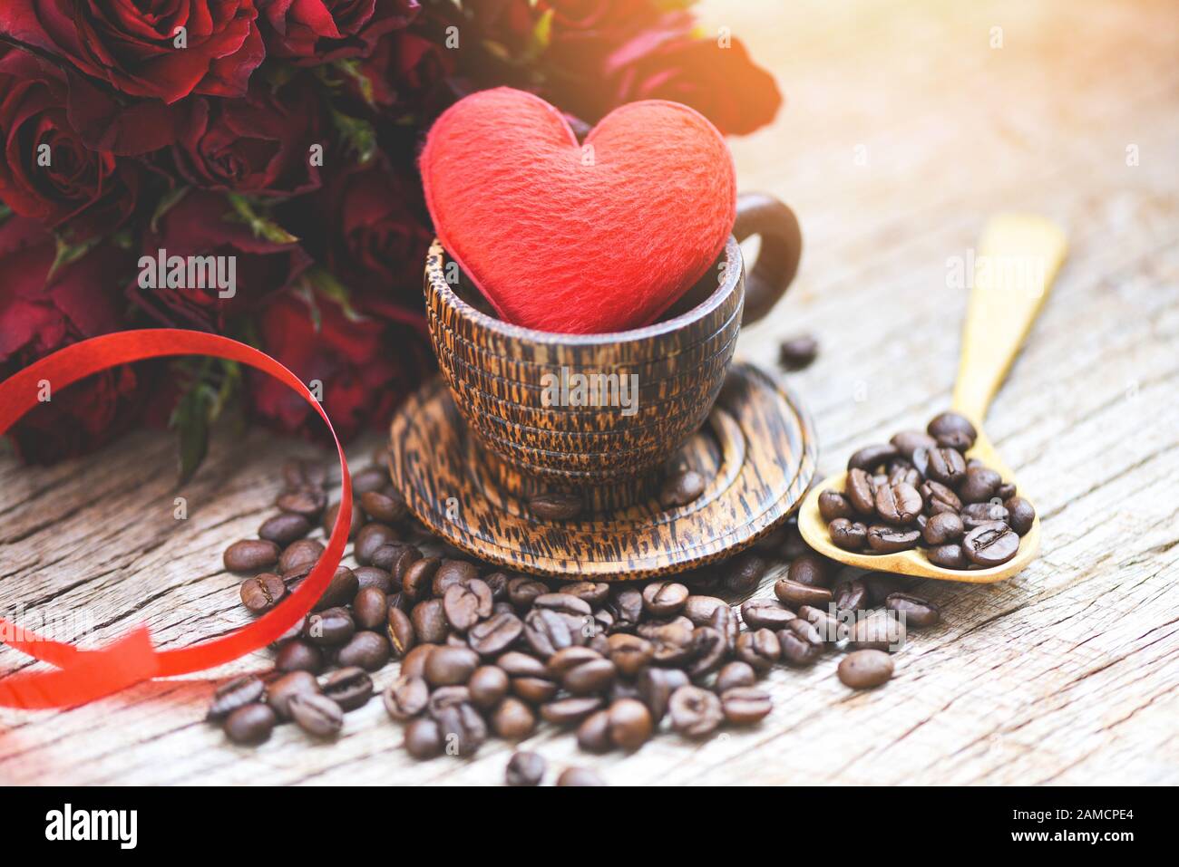 Heart in wooden coffee cup with coffee beans romantic love valentines ...