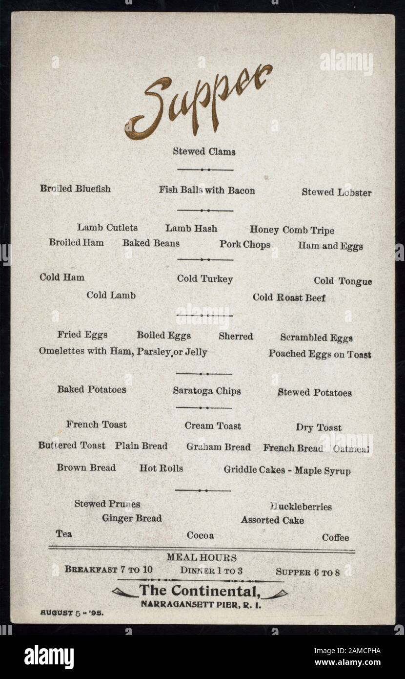 SUPPER MENU (held by) THE CONTINENTAL (at) NARRAGANSETT PIER, RI (HOT ...