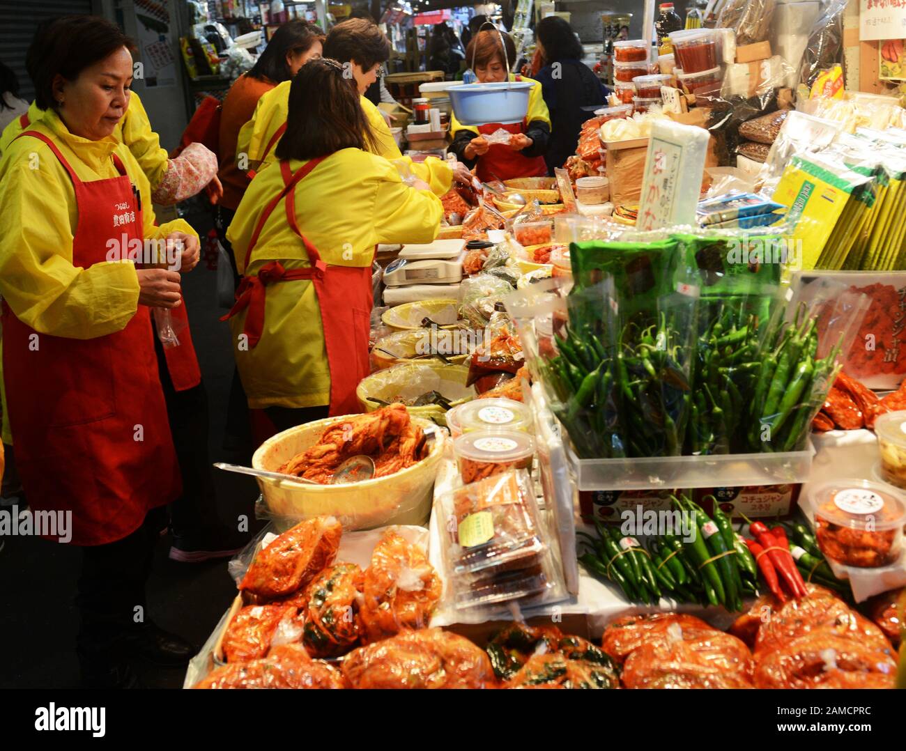 Korean Kimchi stall in the vibrant food market in Tsuruhashi, Osaka ...