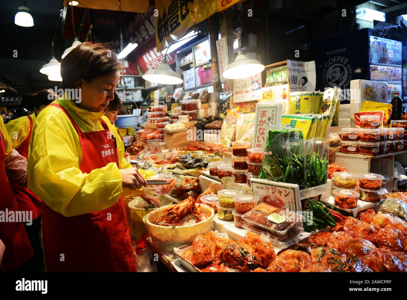 Kimchi vendor at the vibrant food market in Tsuruhashi, Osaka, Japan ...