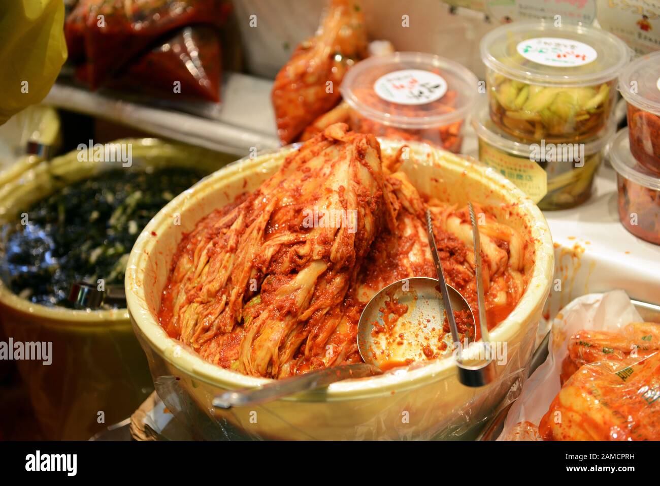 Korean Kimchi sold at the vibrant food market in Tsuruhashi, Osaka ...
