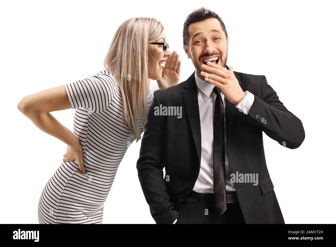 Woman telling a secret to a man isolated on white background Stock ...