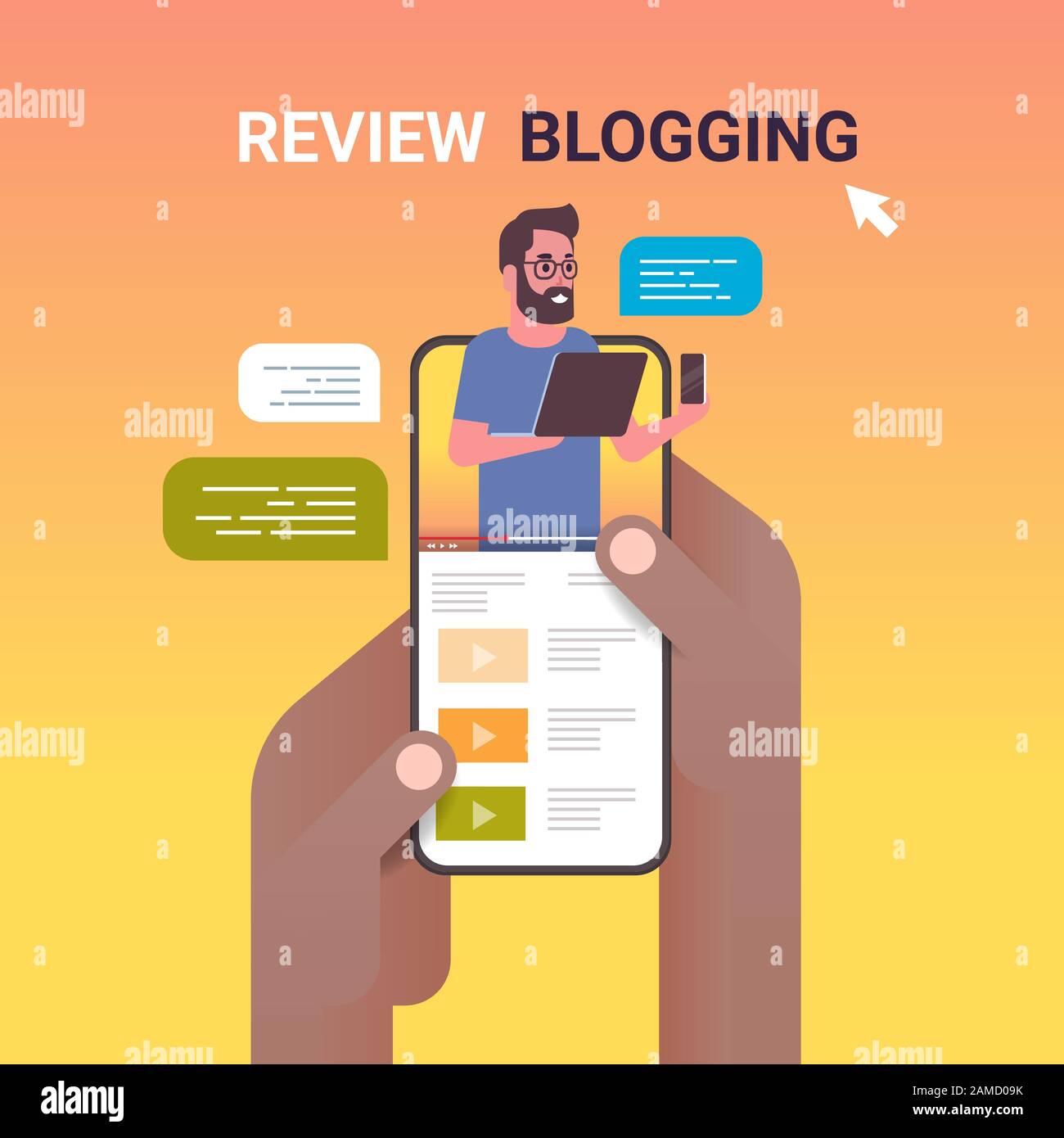 hands using smartphone with technology blogger on screen man testing ...