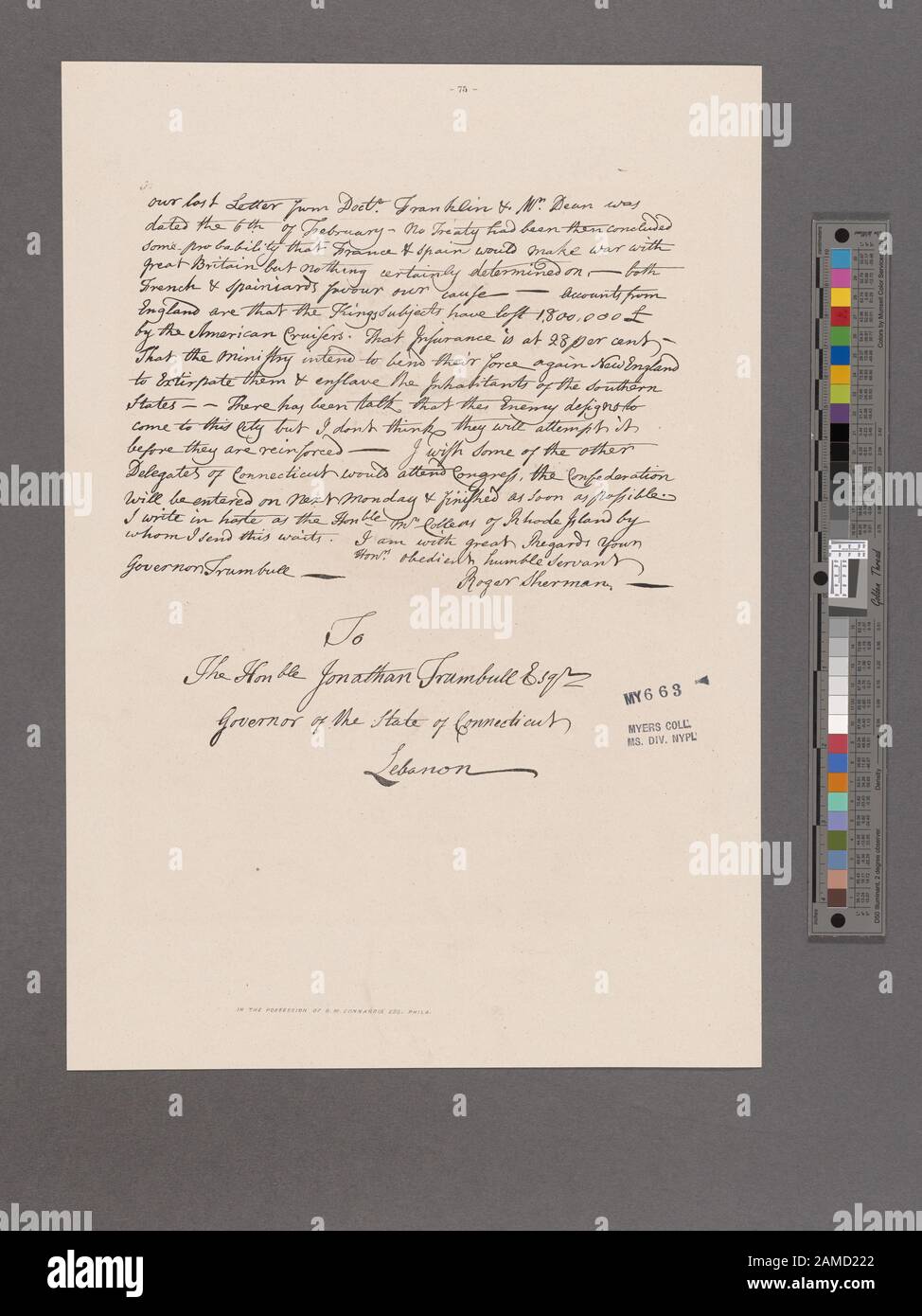 Sherman, Roger Philadelphia To Jonathan Trumbull Digitization was made ...