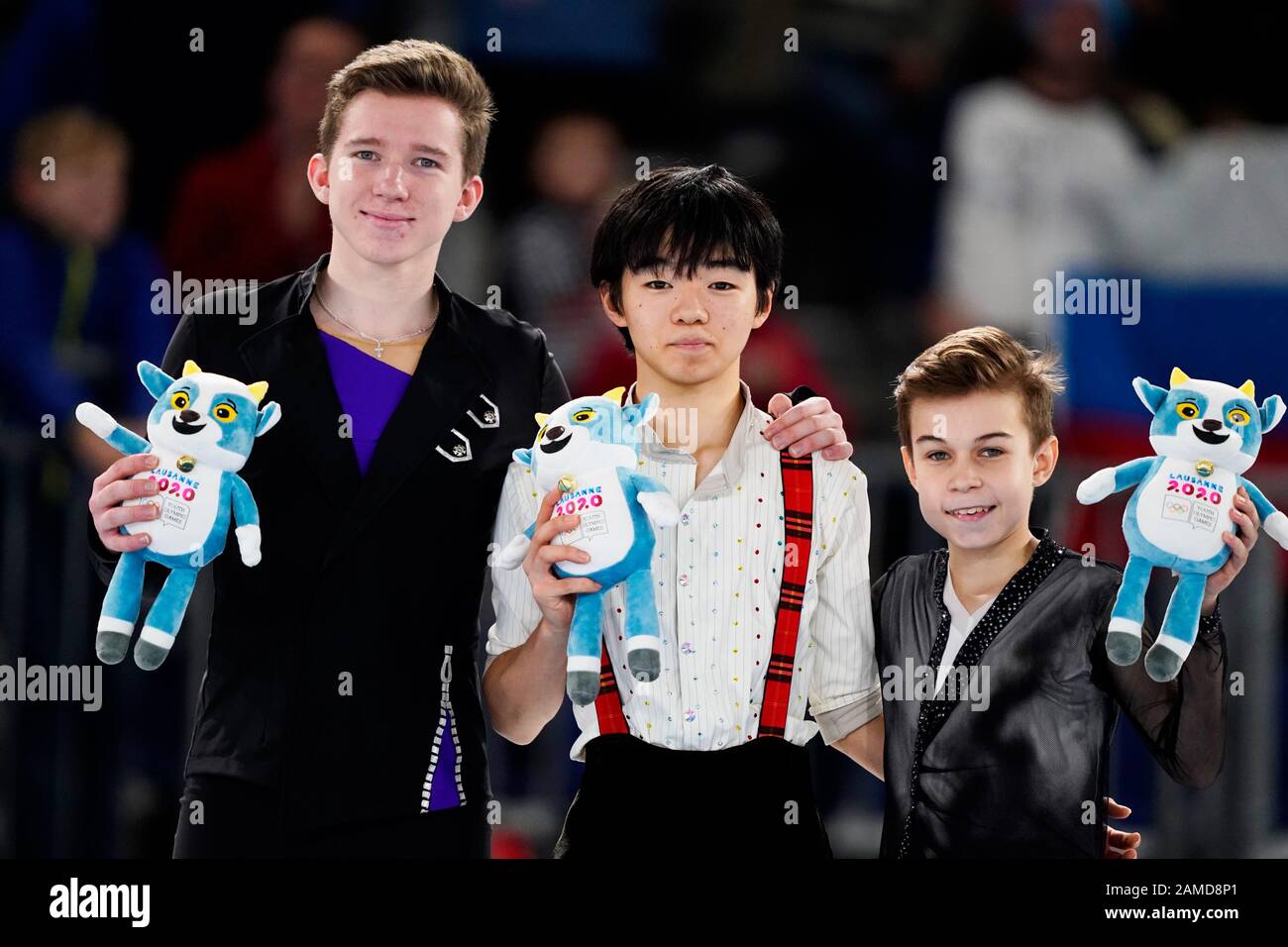 Lausanne, Switzerland. 12th Jan, 2020. (L to R) Mozalev Andrei (RUS), Yuma Kagiyama (JPN ...