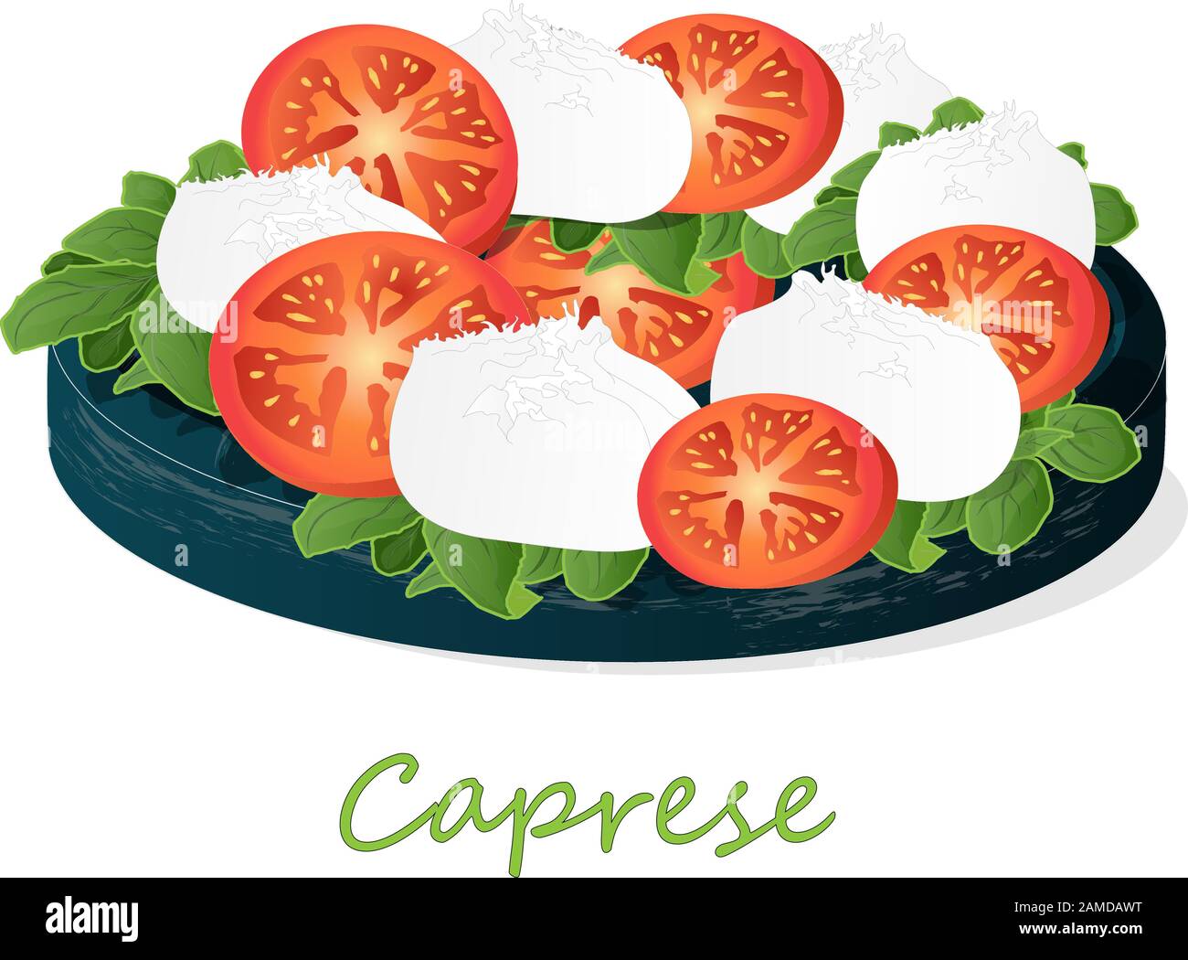 Vector illustration of delicious caprese salad with ripe tomatoes and ...