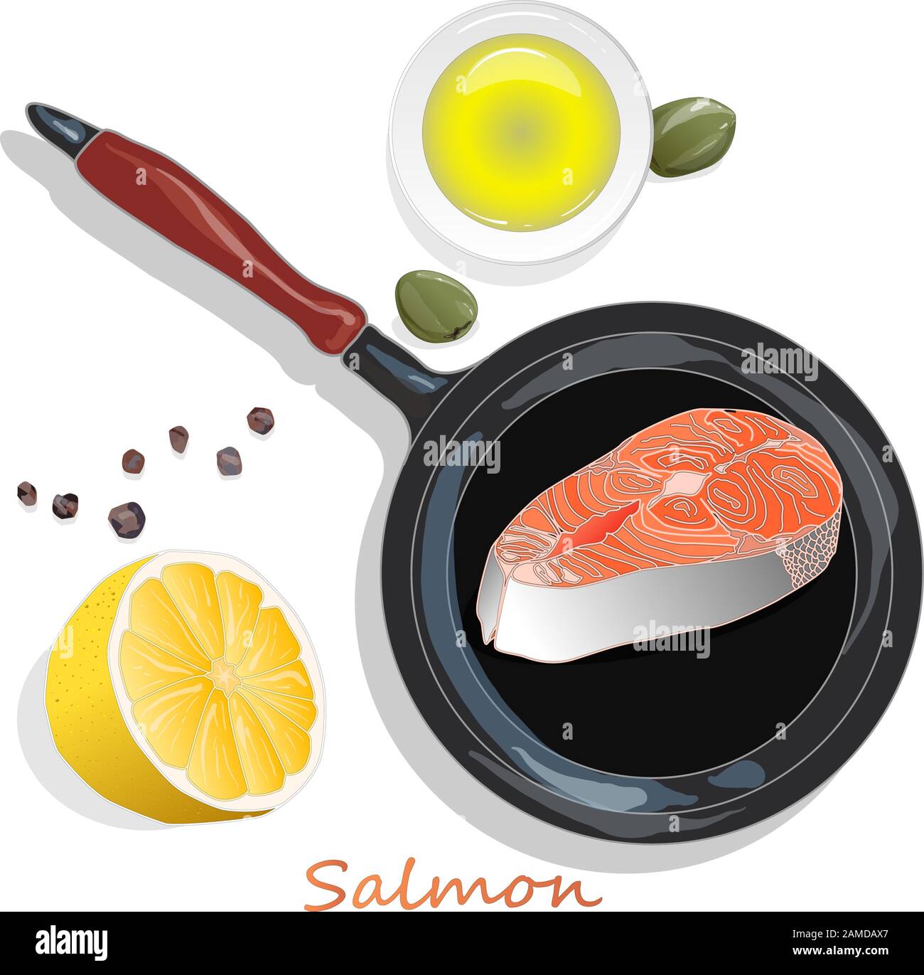 Raw salmon fillets on the pan with herbs. White background. Vector ...