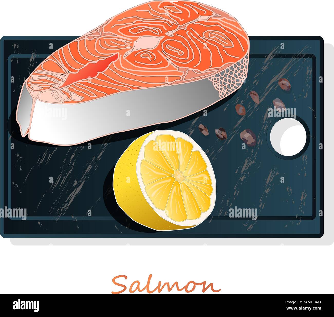 Raw salmon fillets with herbs on wooden desk. White background. Vector ...