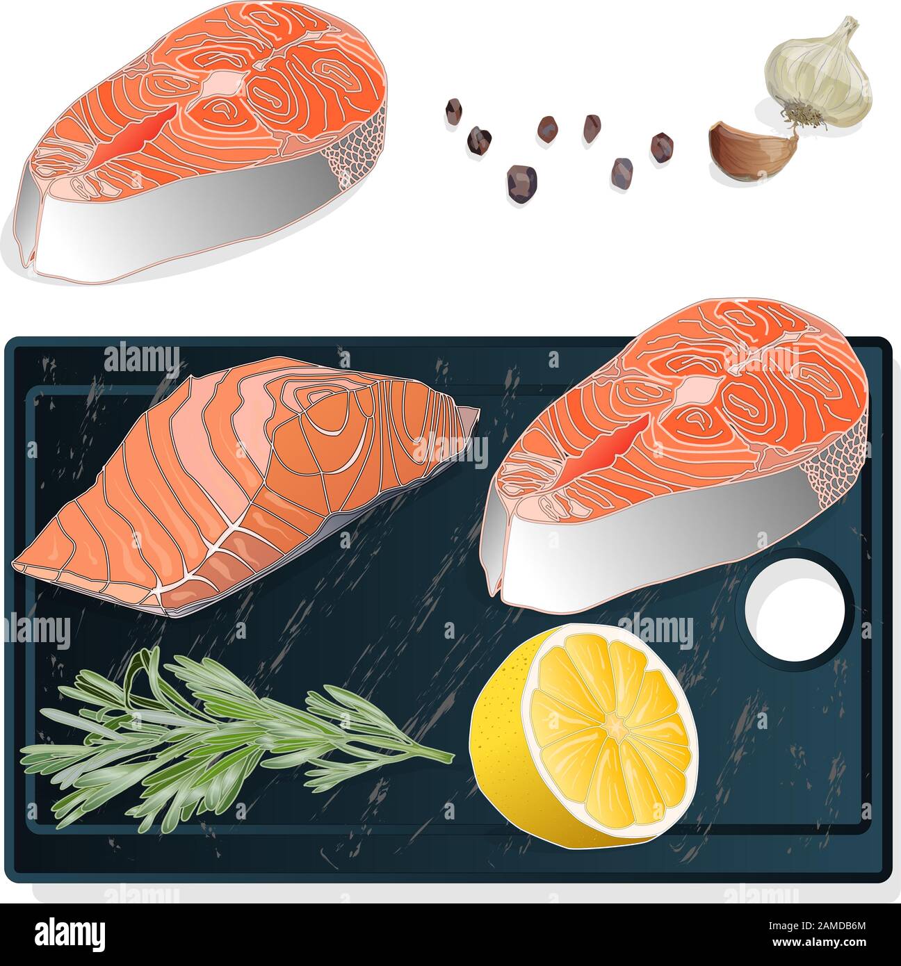 Raw salmon fillets with herbs on wooden desk. White background. Vector ...