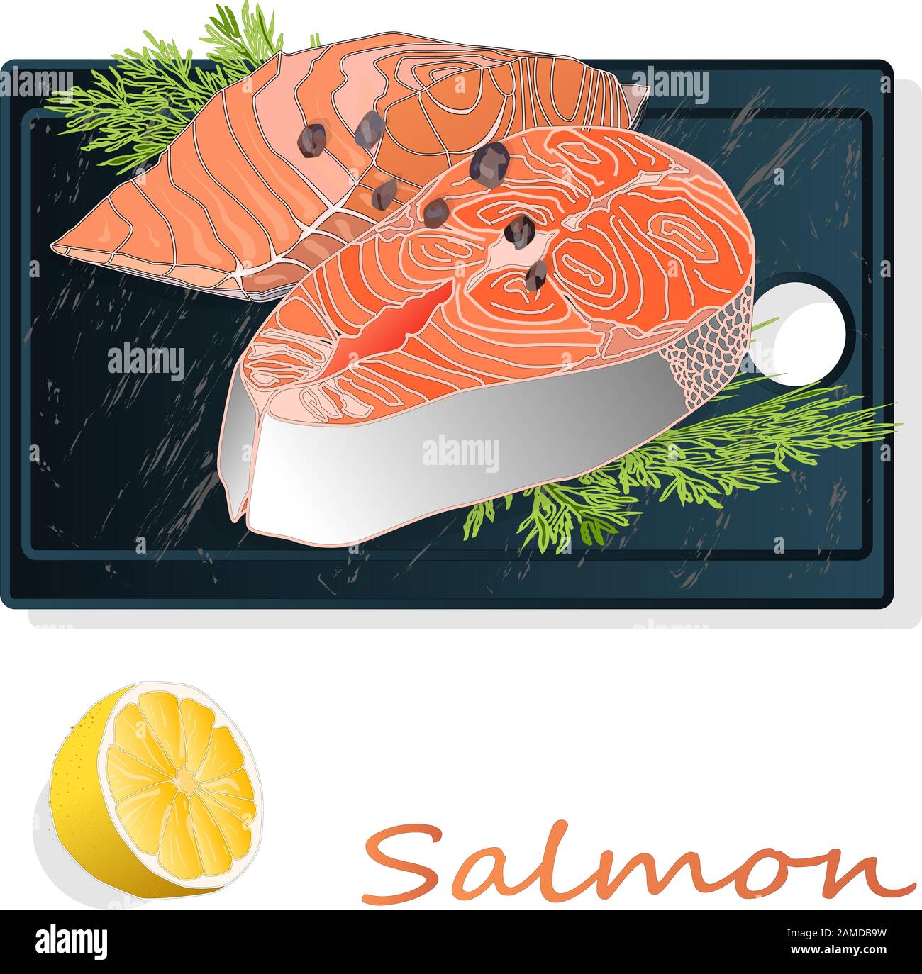 Raw salmon fillets with herbs on wooden desk. White background. Vector ...