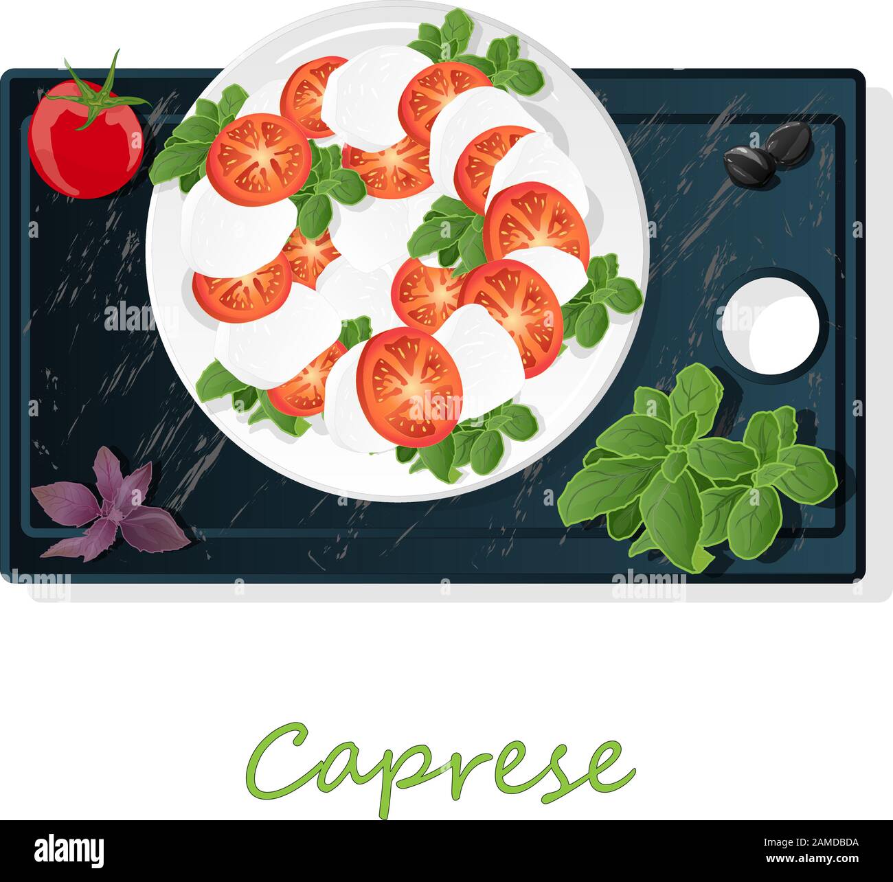 Vector illustration of delicious caprese salad with ripe tomatoes and ...