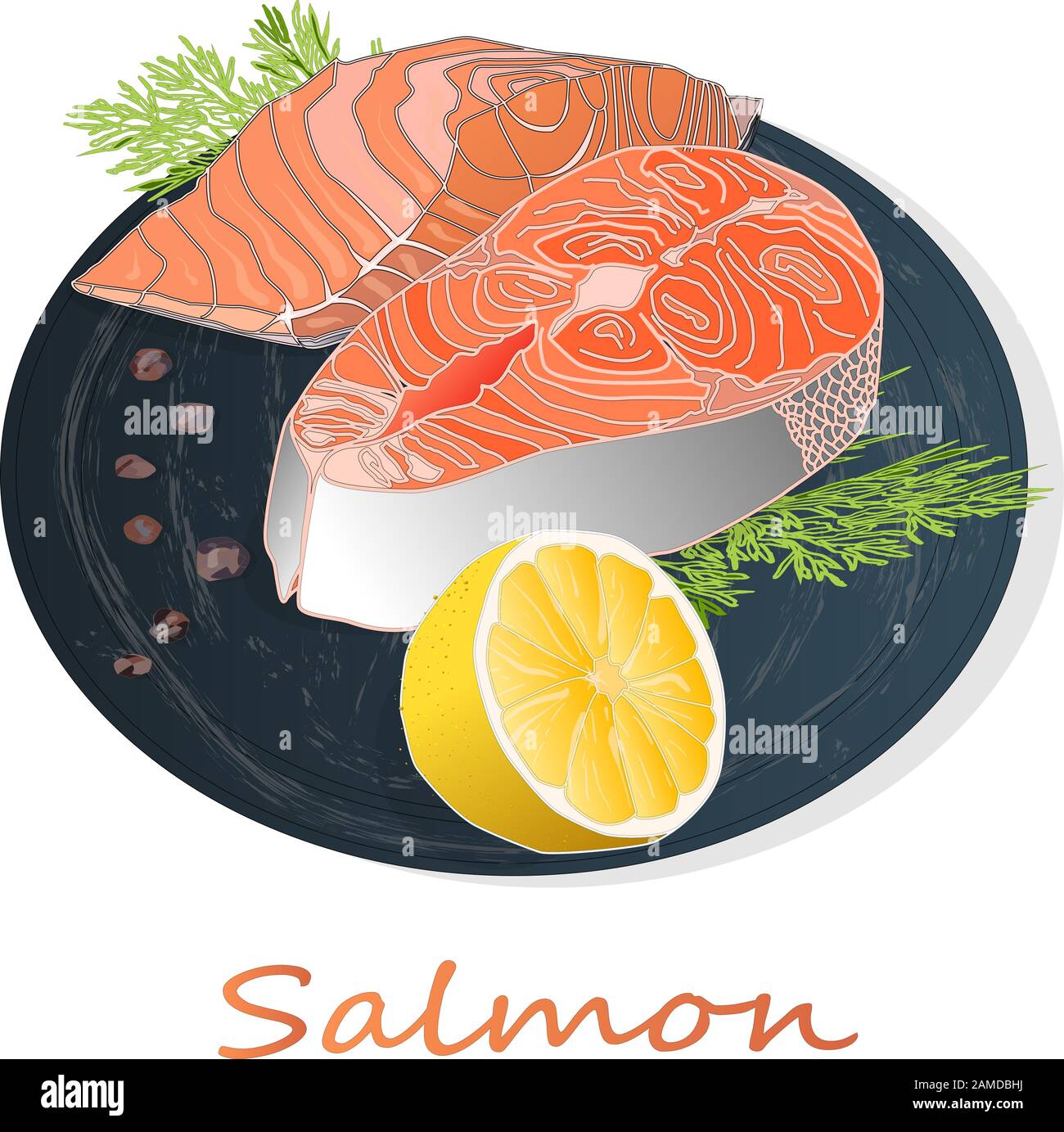 Raw salmon fillets with herbs on wooden desk. White background. Vector ...