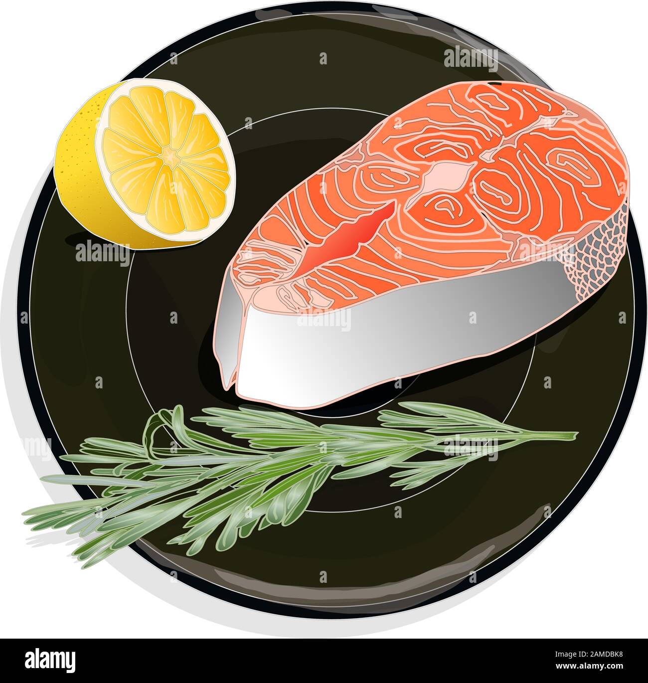 Raw salmon fillets with herbs on the plate. White background. Vector ...