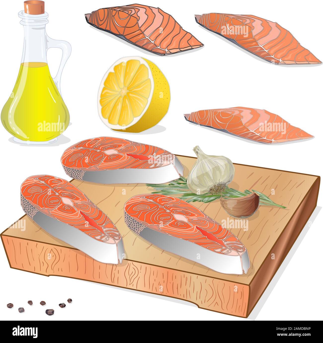 Raw salmon fillets with herbs on wooden desk. White background. Vector ...