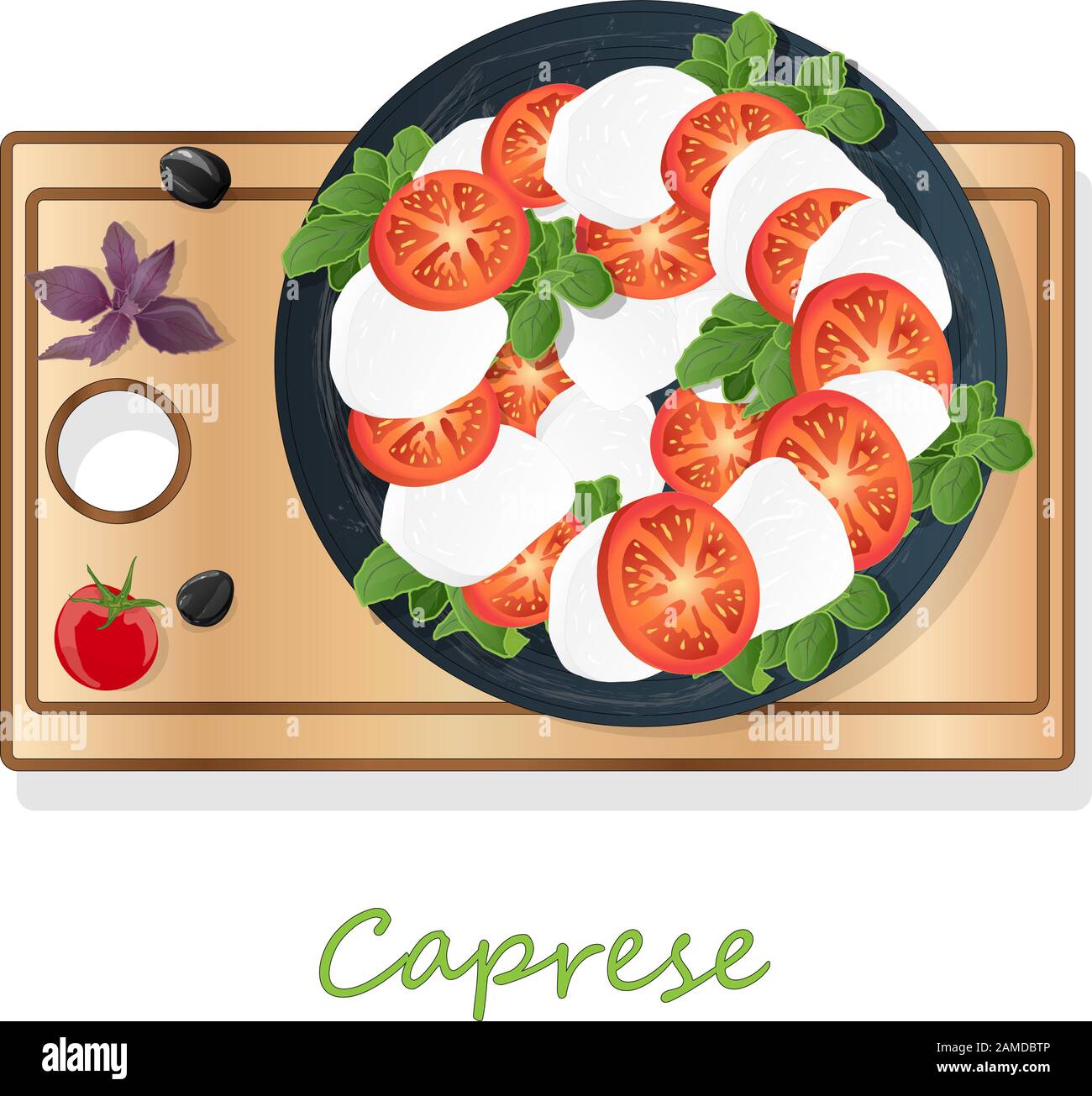 Vector illustration of delicious caprese salad with ripe tomatoes and ...