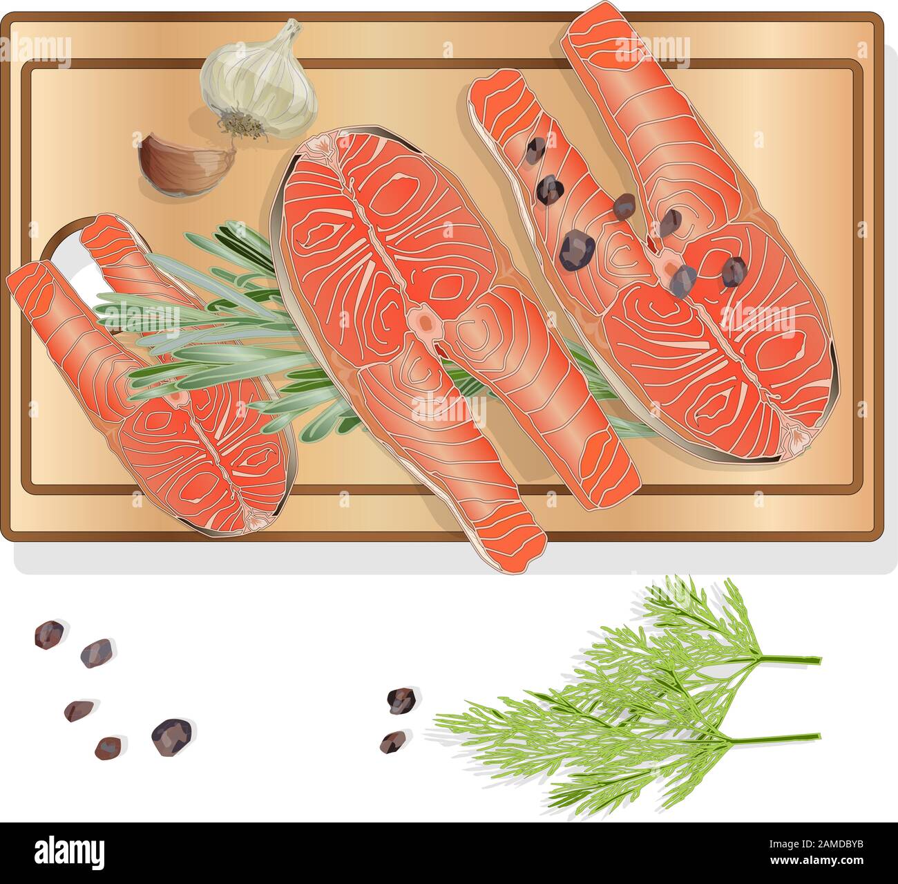 Raw salmon fillets with herbs on wooden desk. White background. Vector ...