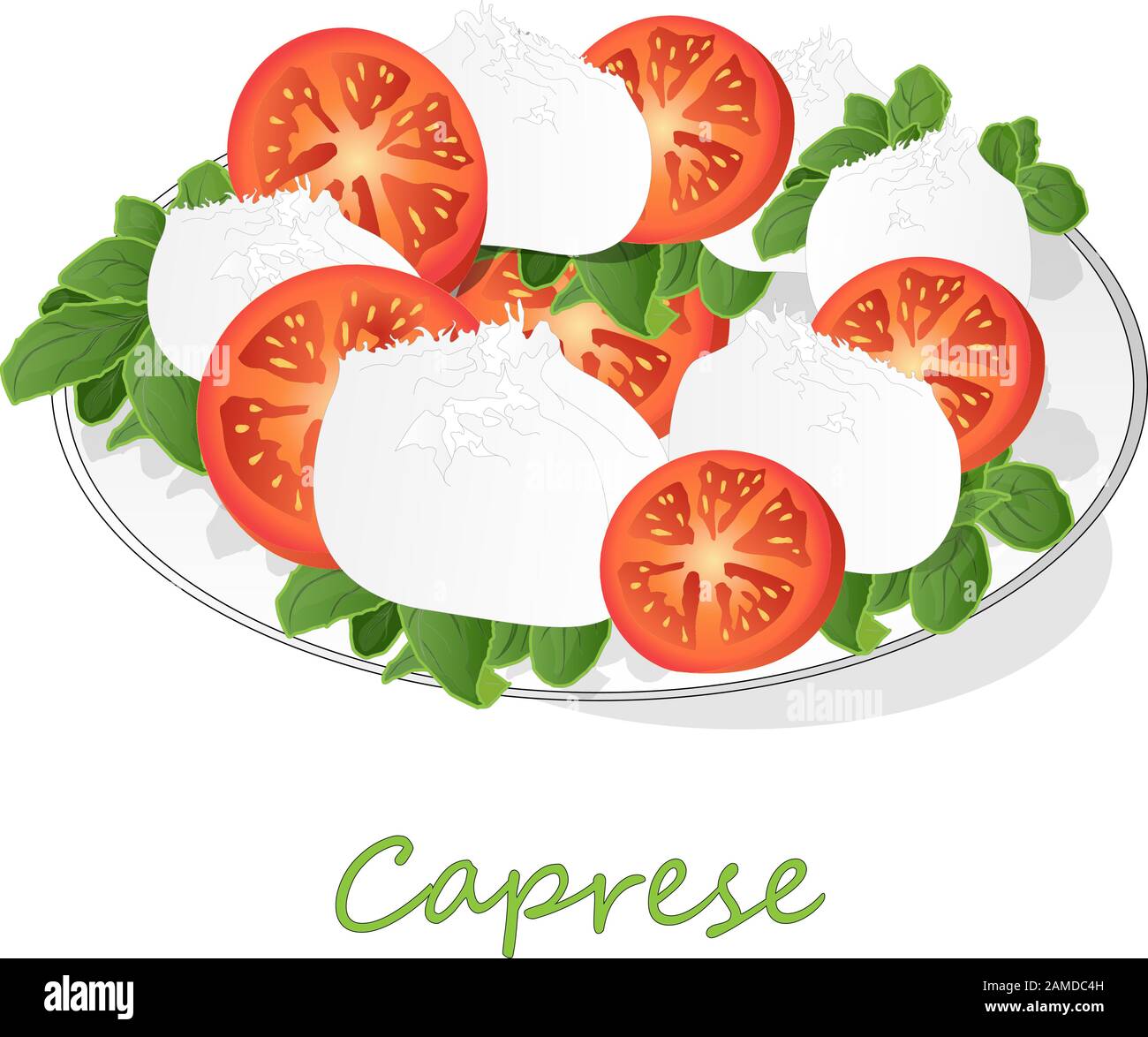 Vector illustration of delicious caprese salad with ripe tomatoes and ...