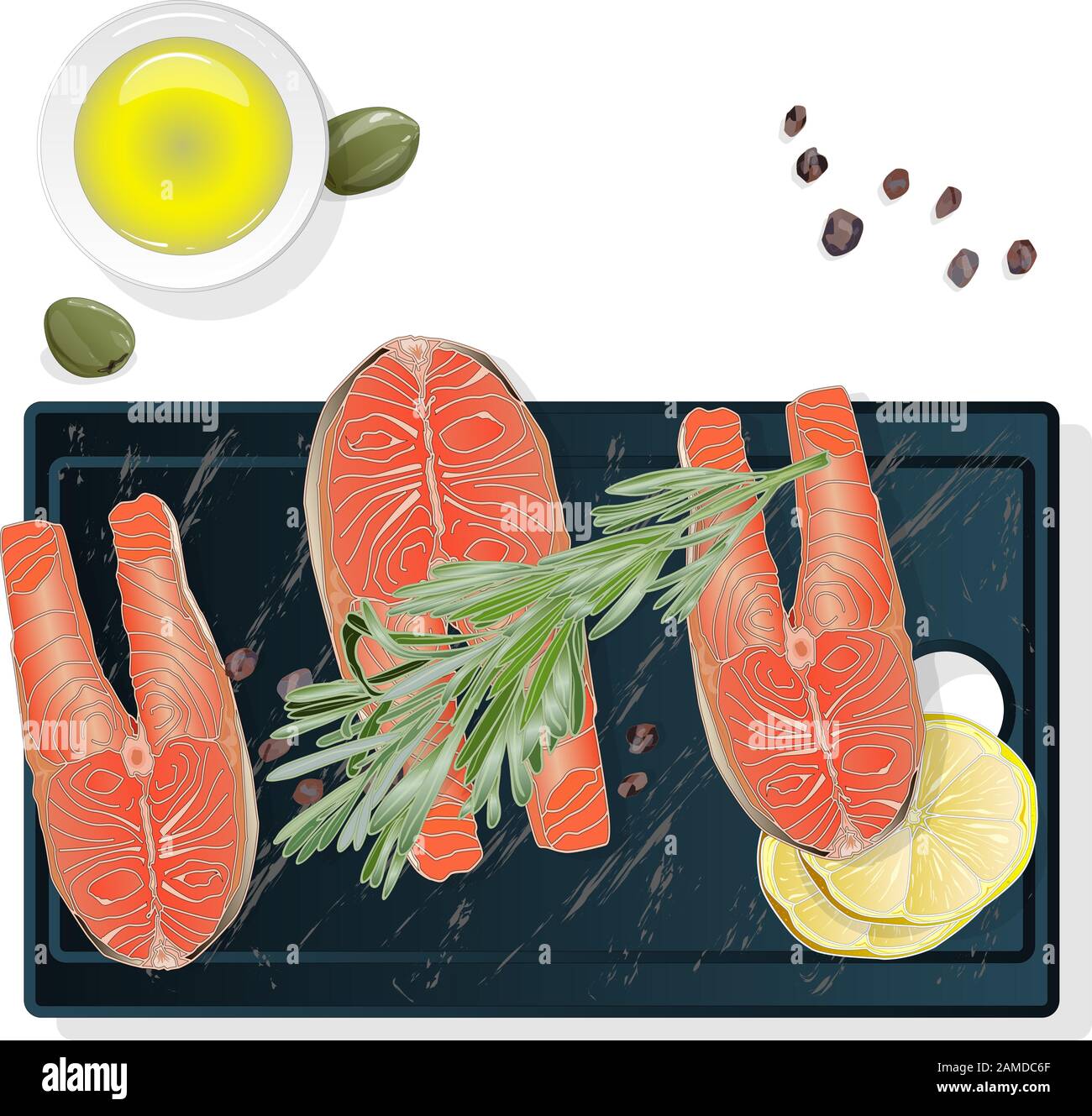 Raw salmon fillets with herbs on wooden desk. White background. Vector ...