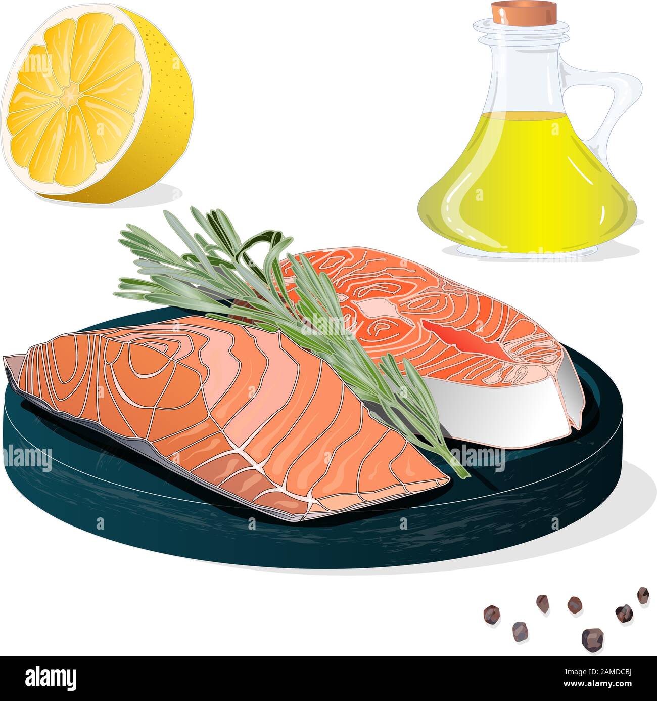 Raw salmon fillets with herbs on wooden desk. White background. Vector ...