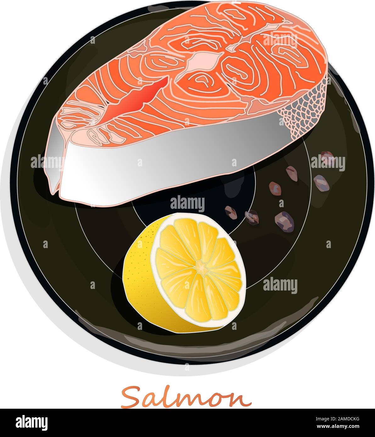 Raw salmon fillets with herbs on the plate. White background. Vector ...