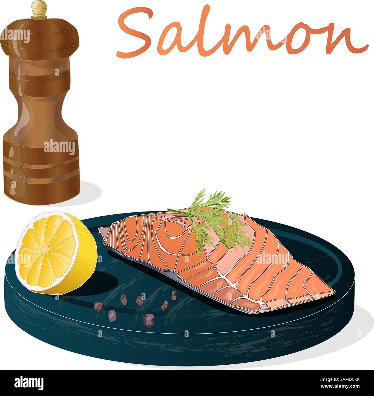 Raw salmon fillets with herbs on wooden desk. White background. Vector ...