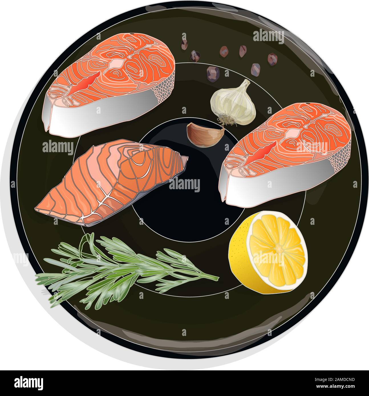 Raw salmon fillets with herbs on the plate. White background. Vector ...