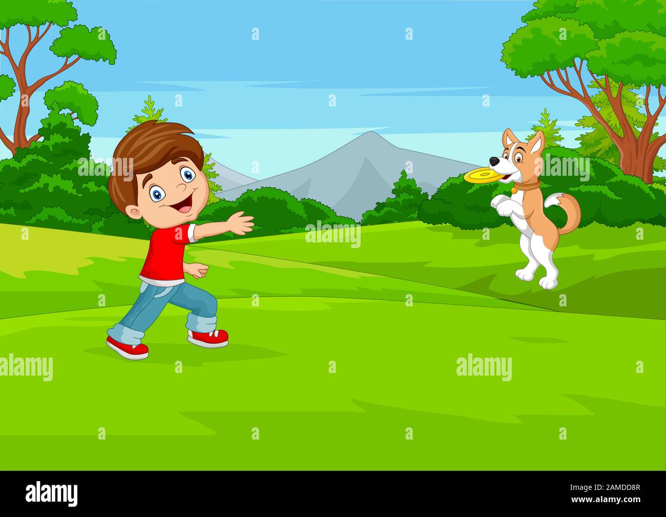 Cartoon boy play flying disc with his dog in the park Stock Vector ...