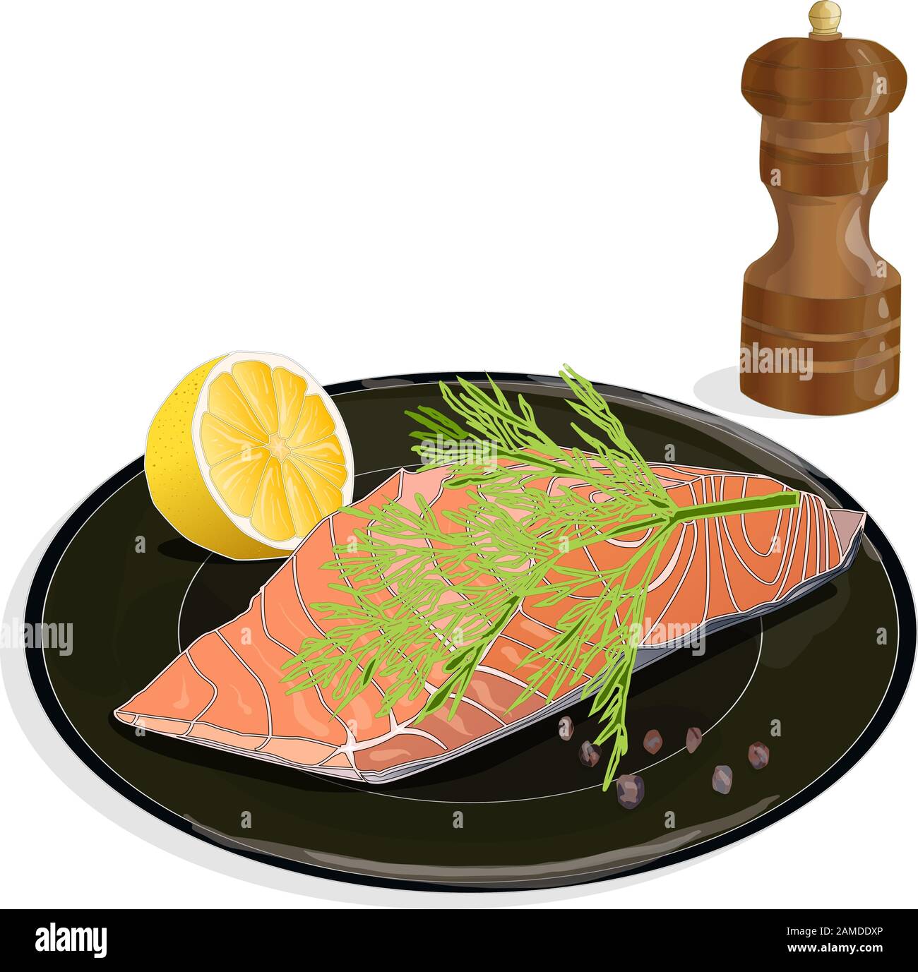 Raw salmon fillets with herbs on the plate. White background. Vector ...