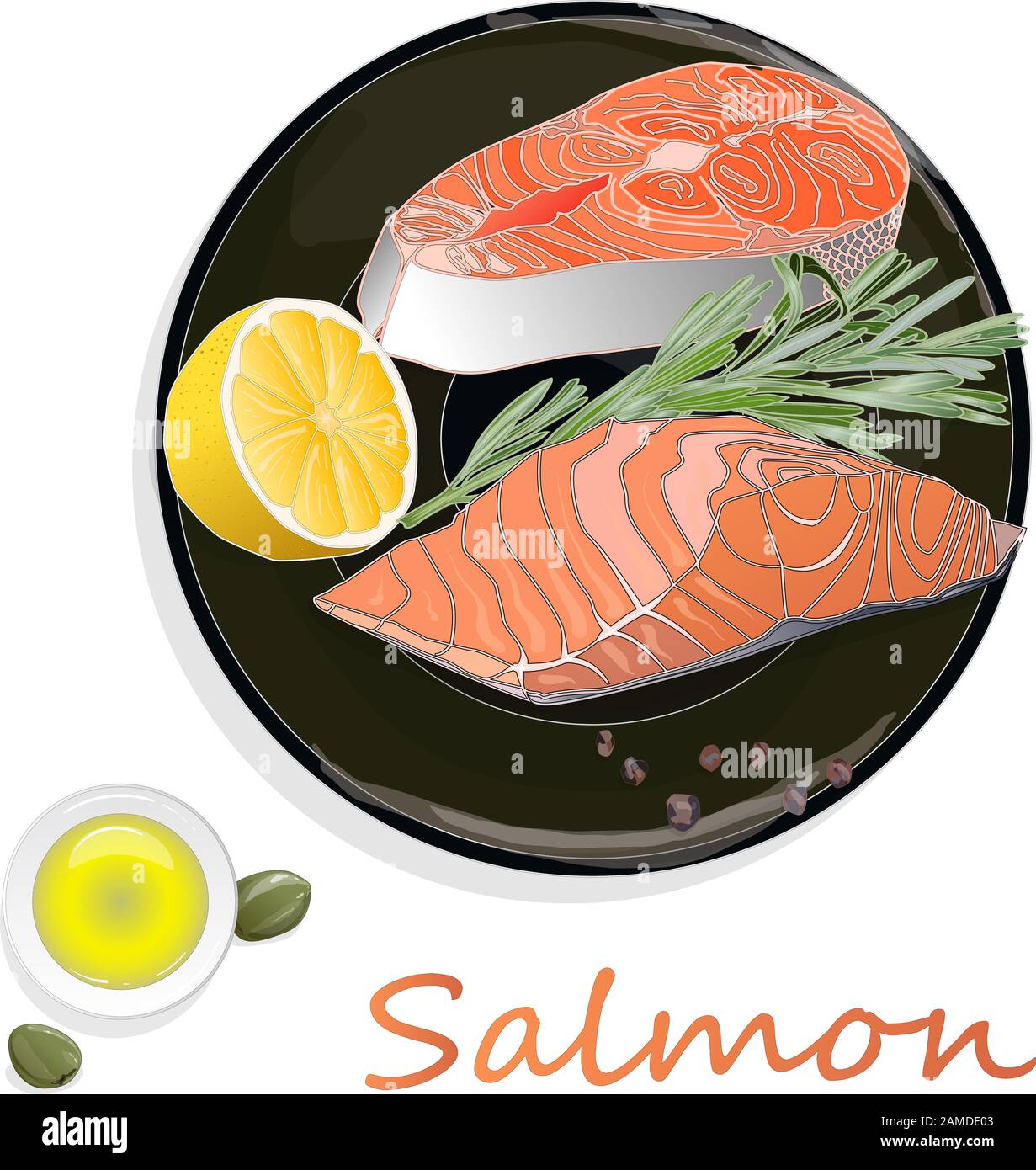 Raw salmon fillets with herbs on the plate. White background. Vector ...