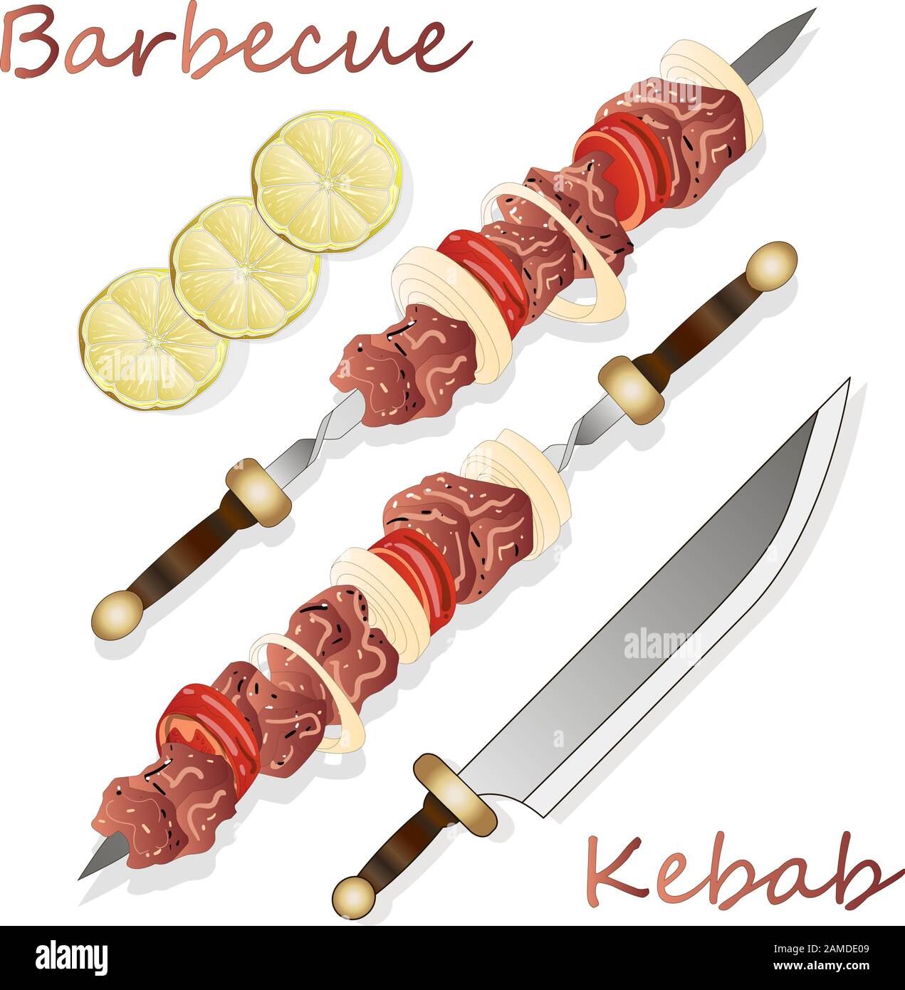 Shish kebab with onion and cherry tomato. Grilled meat skewers. Top view. Vector illustration ...