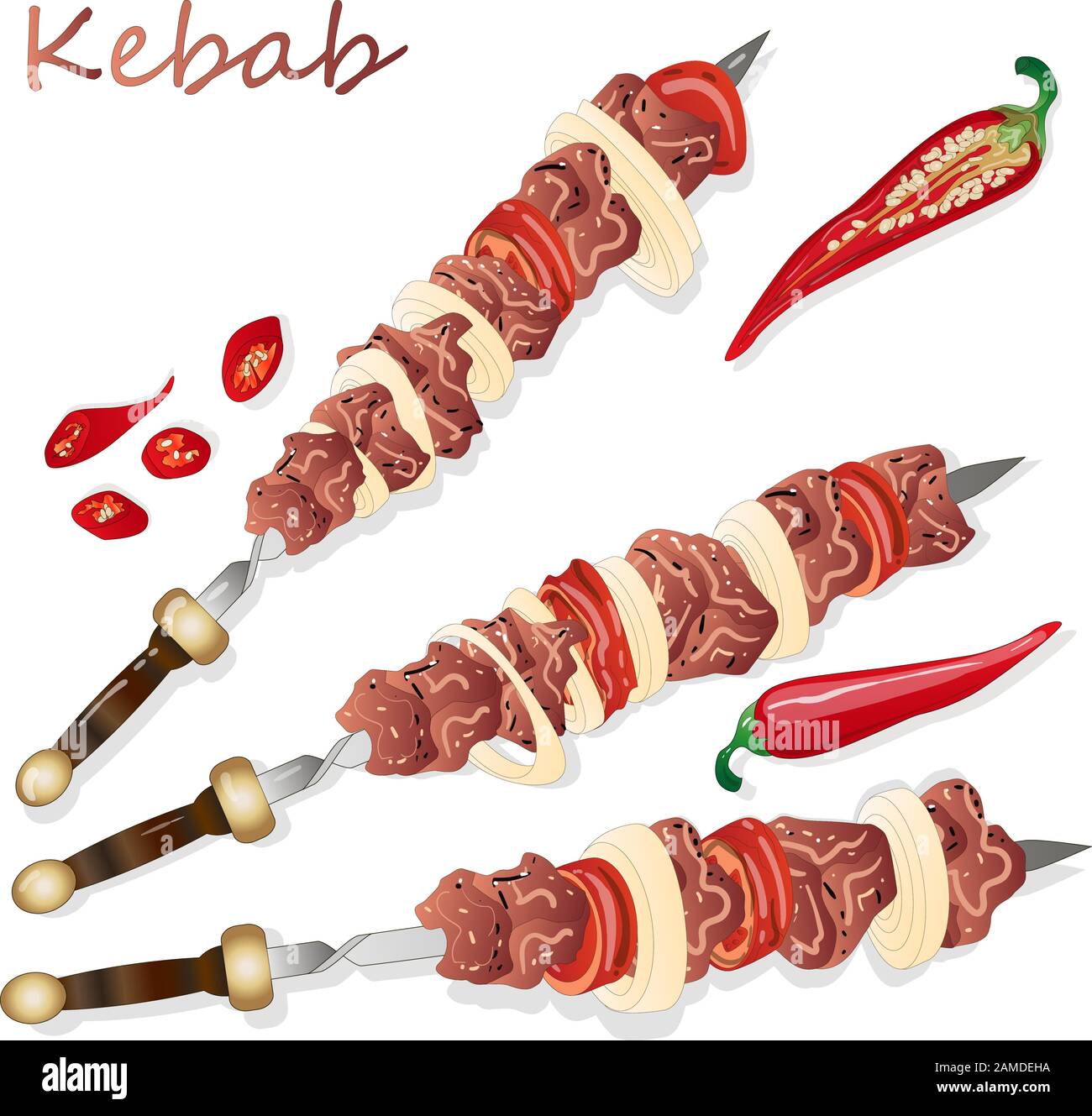 Shish kebab with onion and cherry tomato. Grilled meat skewers. Top view. Vector illustration ...