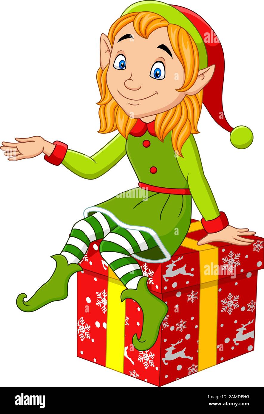 Cartoon christmas elf sitting on the gift Stock Vector Image & Art - Alamy