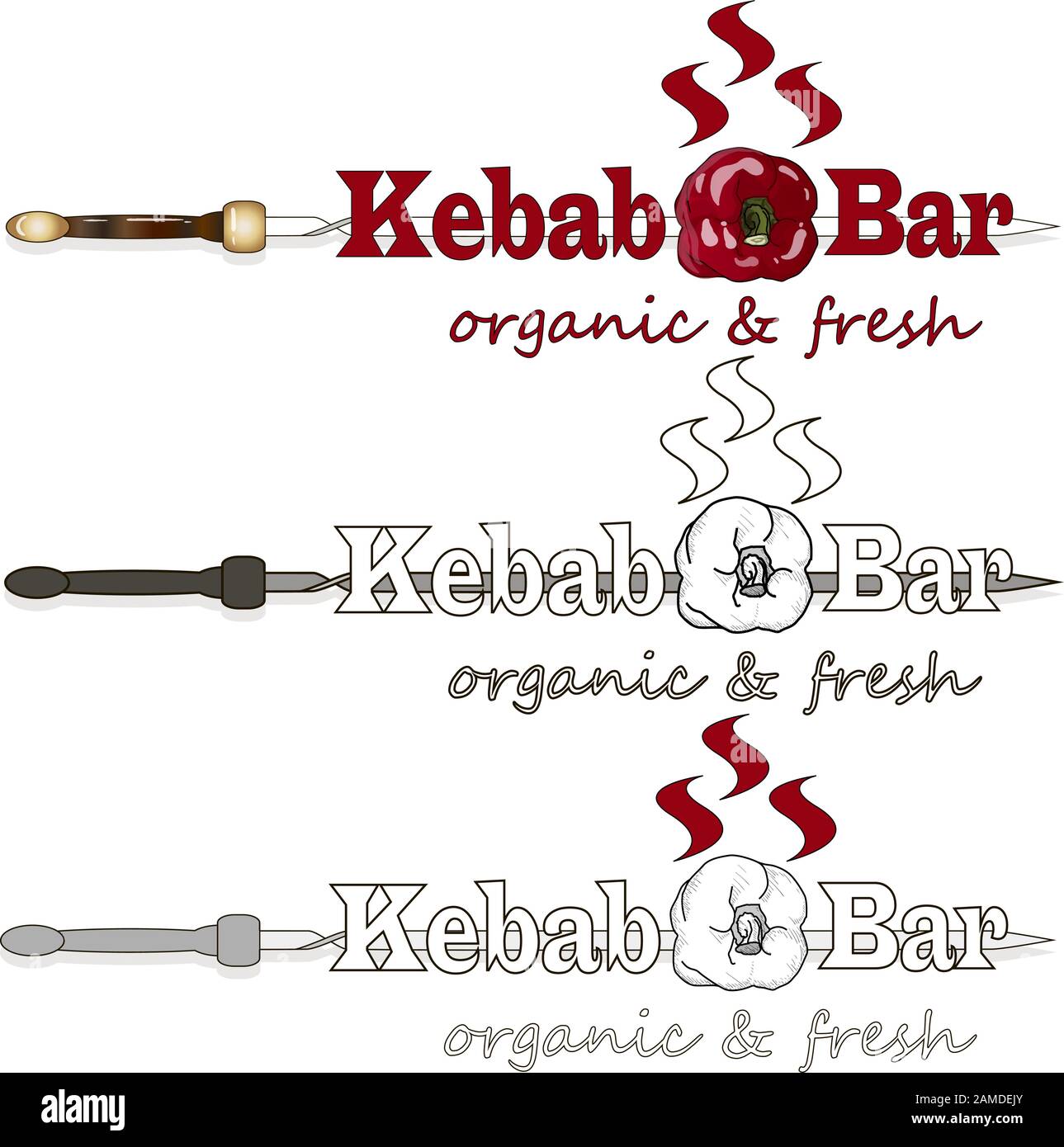 Shish kebab with onion and cherry tomato. Grilled meat skewers. Logo ...