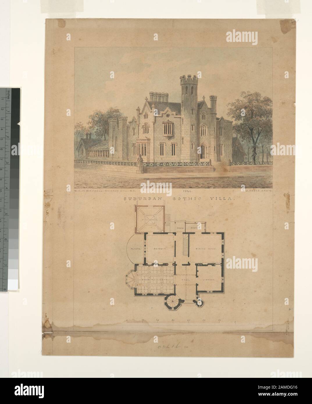 Suburan gothic villa Stokes 1844-E-78 Print contains architectural plan ...