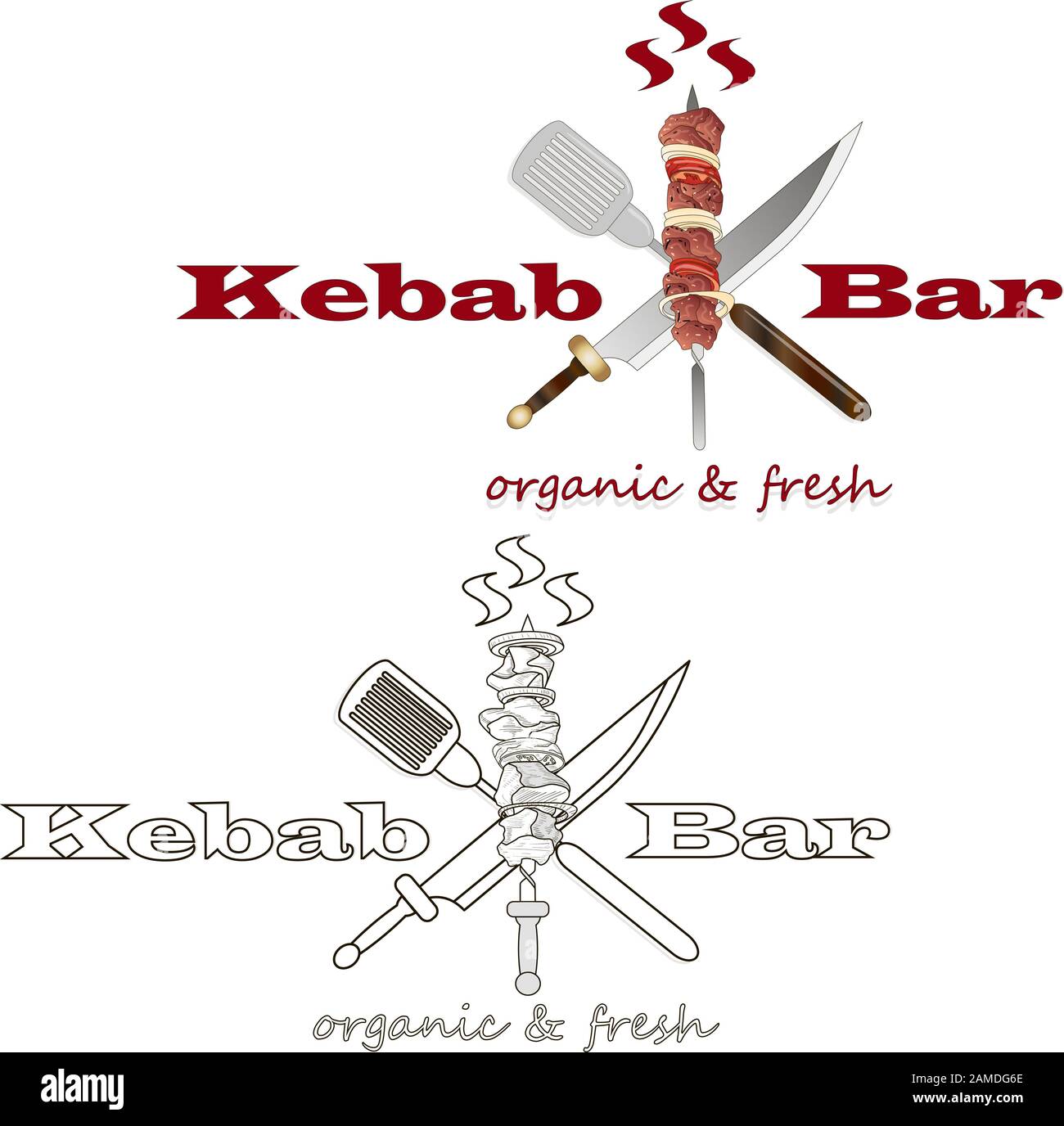 Shish kebab with onion and cherry tomato. Grilled meat skewers. Logo ...