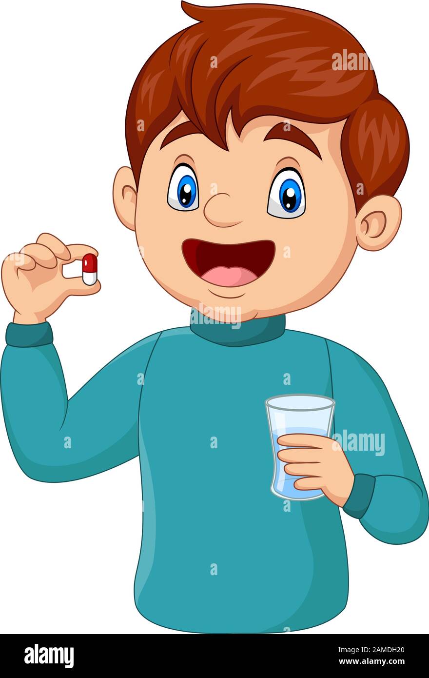 Cartoon boy holding a pill and a glass of water Stock Vector Image ...