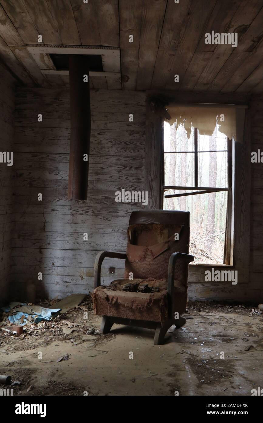 Taken in Old Car City, Georgia, worn chair in falling down house Stock ...