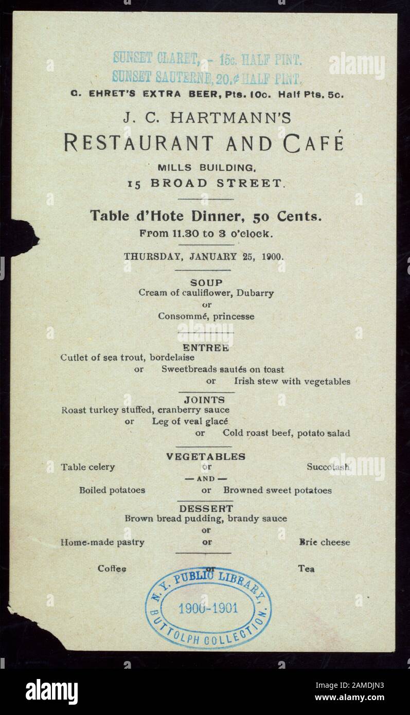 TABLE D'HOTE DINNER (held by) JC HARTMANN'S RESTAURNT AND CAFE (at ...